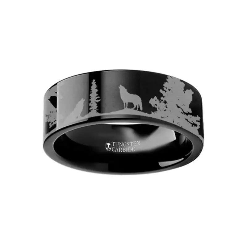 Animal Landscape Scene Wolf Wolves Engraved Flat Black Tungsten Ring - – Universal Jewelry
