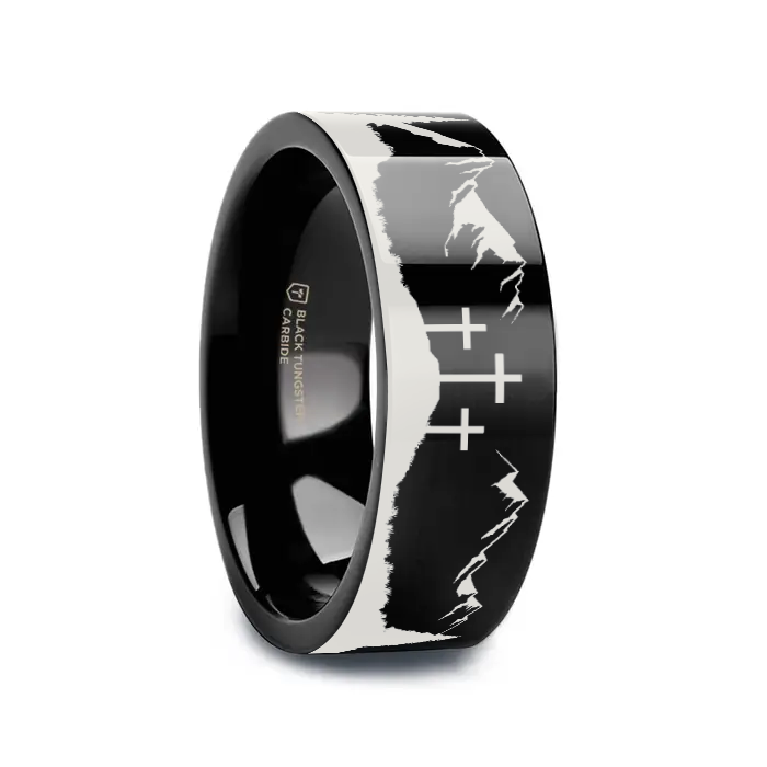 MOUNTAIN MAJESTY Laser Engraved Black Tungsten Carbide Ring – Universal ...