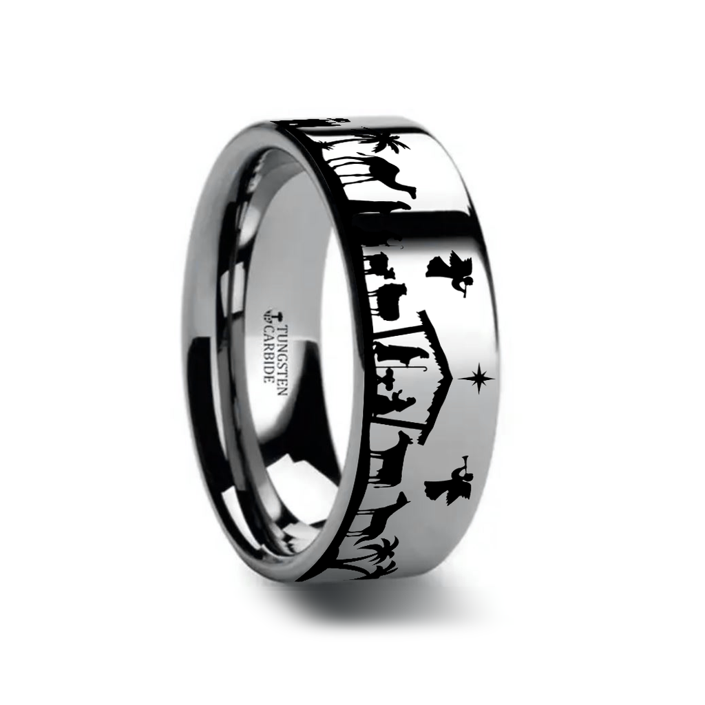 NATIVITY SCENE on Flat Tungsten Carbide Ring – Universal Jewelry