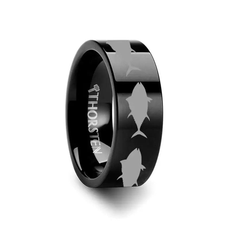 Tuna Fish Jumping Sea Print Pattern Engraved Flat Black Tungsten Ring ...