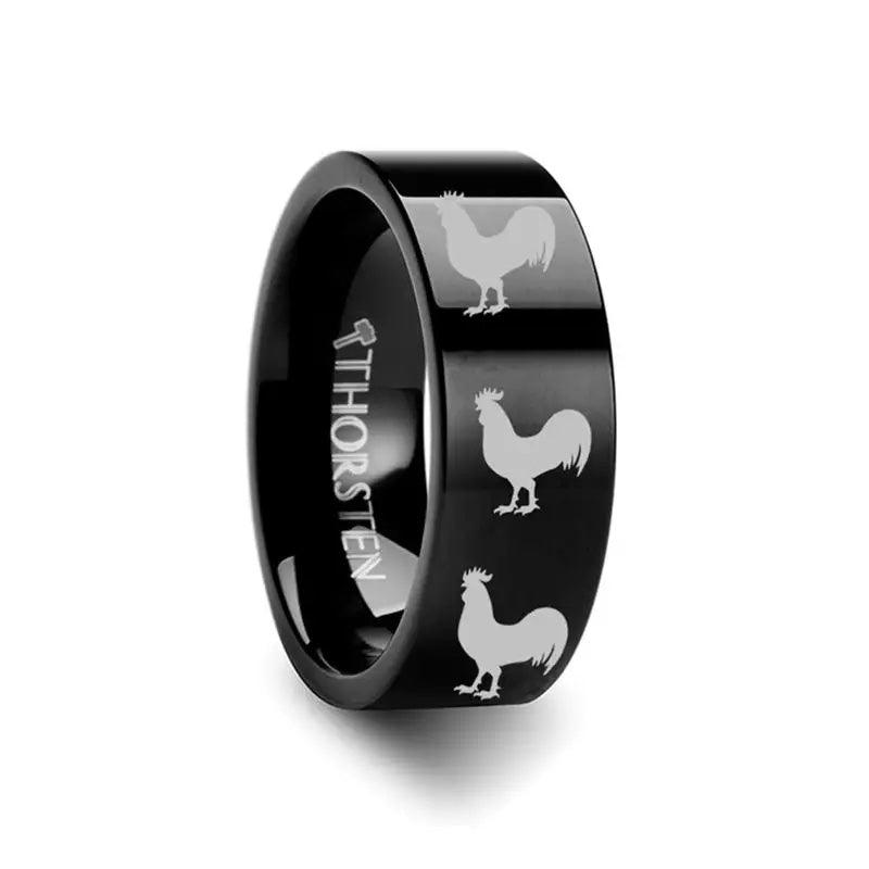 Animal Rooster Print Engraved Flat Black Tungsten Ring - 4mm - 12mm ...