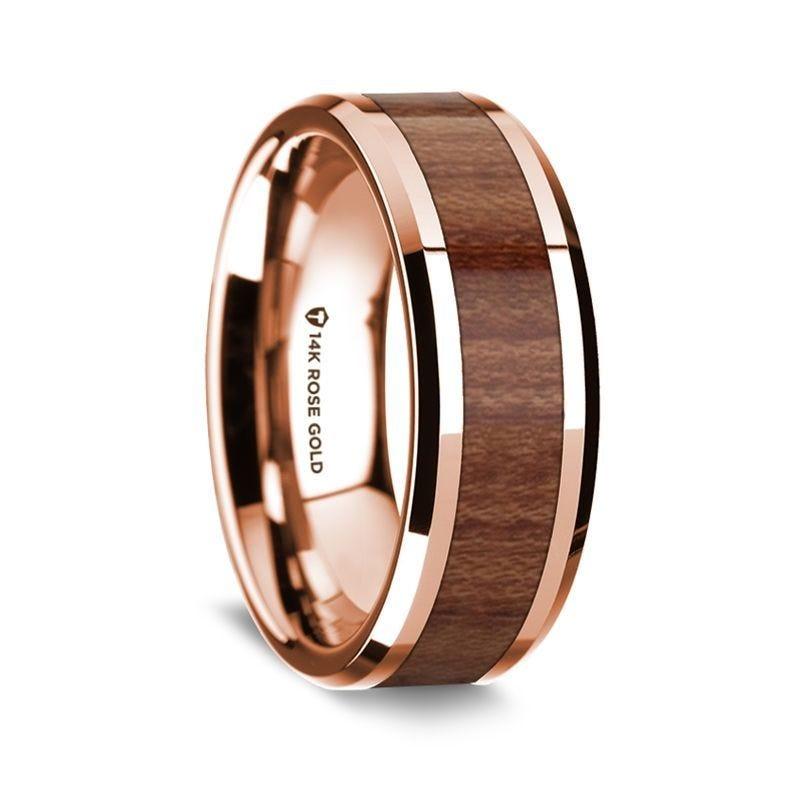 14K Rose Gold Polished Beveled Edges Wedding Ring with Rosewood Inlay ...
