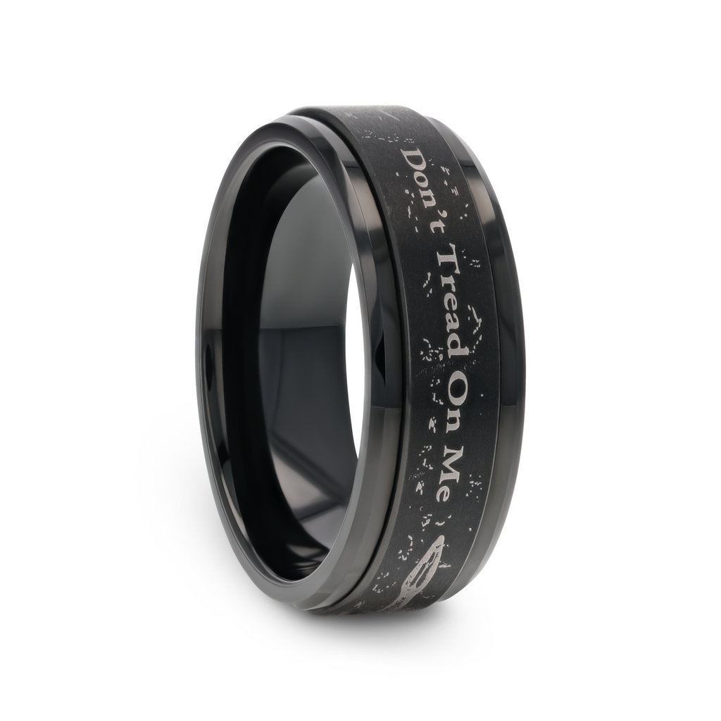 "Don't Tread on Me" Engraved Black Tungsten Spinner Ring with Snake De ...