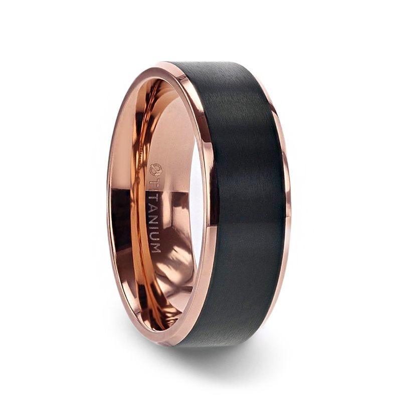 STEPHEN Rose Gold Plated Black Titanium Flat Brushed Center Men's Wedd ...