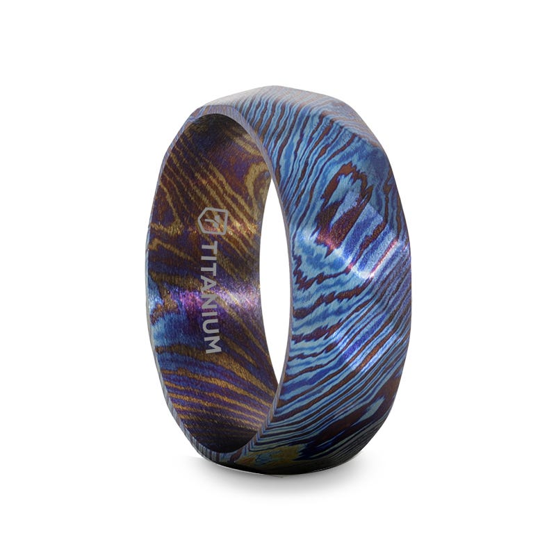 TYRIAN Brushed Titanium Ring with Blue and Purple Wavy Design - 8mm ...